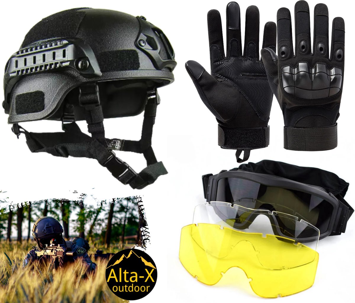 Alta-X - Airsoft Helm + Bril + Handschoen Zwart - Airsoft starter set ...