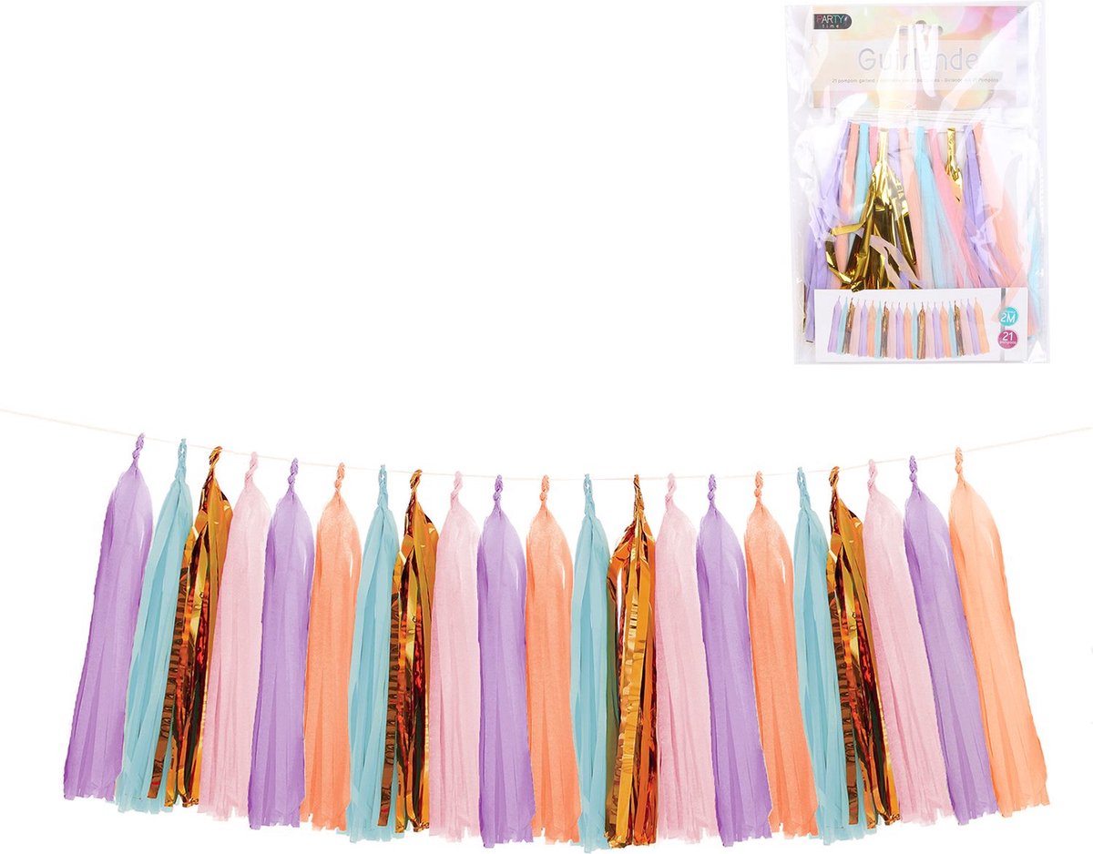 Gekleurde slinger met 21 franje pompons - guirlande pastel goud - 2 ...