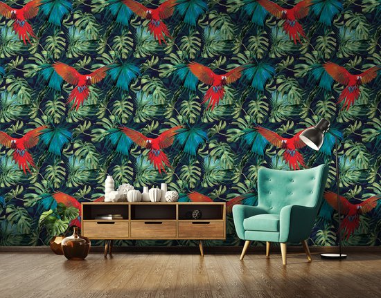 Fotobehang - Vlies Behang - Rode Jungle Papegaaien - 254 x 184 cm | bol