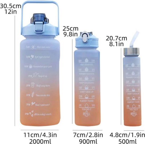 Waterfles 2 Liter ( 3 stuks) - Motivatie Waterfles - Waterfles met ...