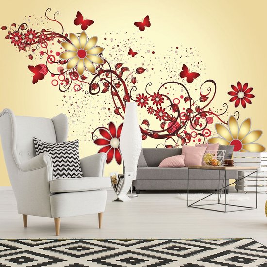 Fotobehang - Vlies Behang - Vlinder en Bloemenkunst - 254 x 184 cm | bol.com