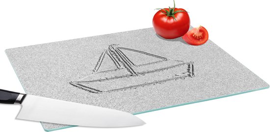 Glazen Snijplank - 39x28 - Boot getekend in zand - zwart wit ...
