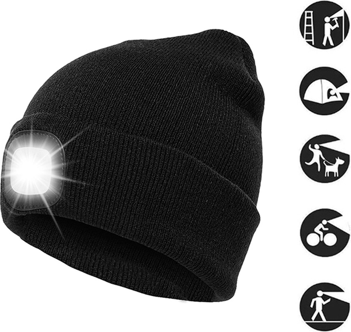 Zwarte herlaadbare LED BEANIE MUTS met wit licht vooraan, uw garantie ...