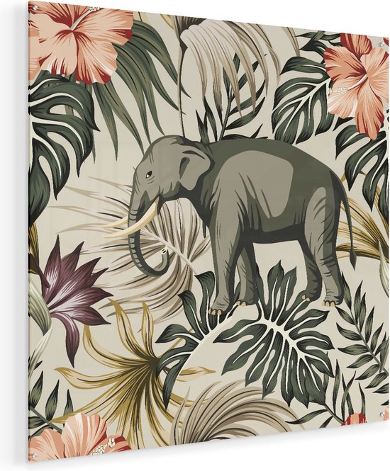Artaza Glasschilderij - Tropisch Getekende Olifant - Abstract - 90x90 ...