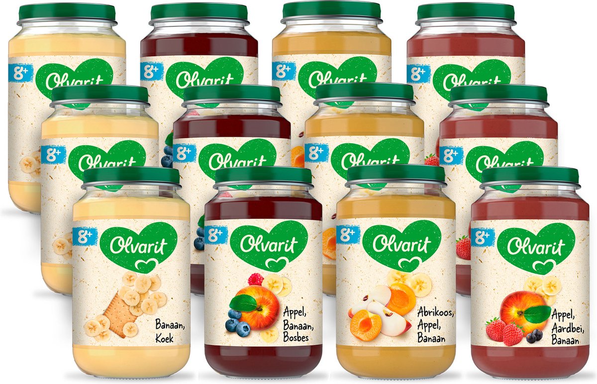 Olvarit Variatiemenu Fruithapjes 8+ Maanden - Versie 2 - 4 Smaken - 12 ...
