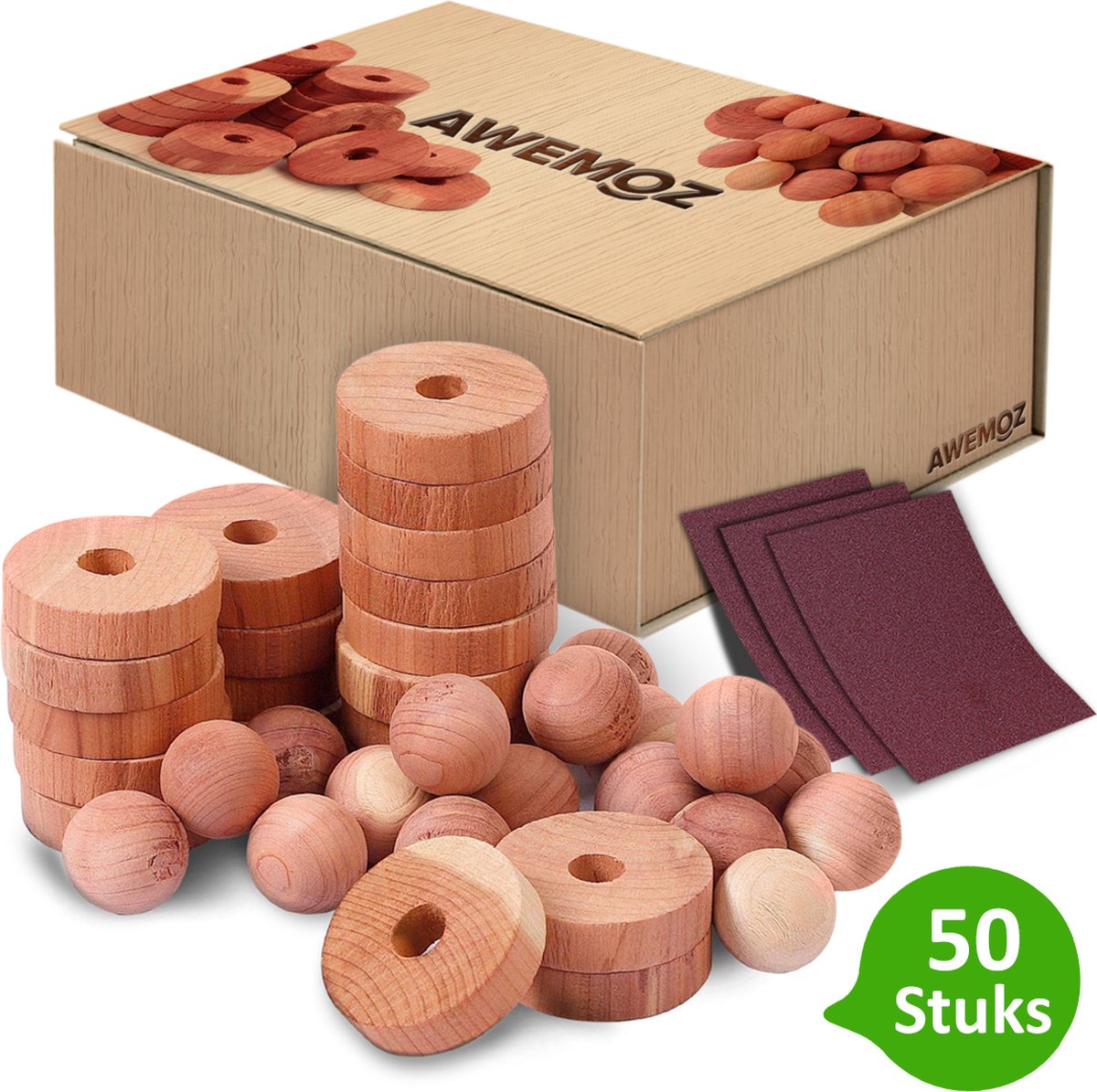 AWEMOZ Mottenballen 40 Stuks + 10 Stuks Schuurpapier - Cederhout tegen ...