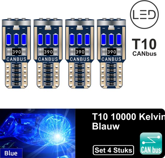 T10 Led Lamp Blue (Set 4 stuks) 10000K Type 9LV/SMD CANBus Foutloos 5W5 ...