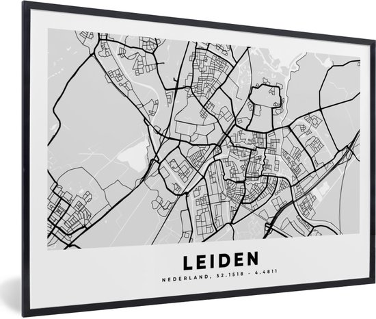 Fotolijst incl. Poster - Stadskaart - Leiden - Nederland - 60x40 cm ...