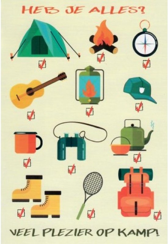 Heb je alles? Veel plezier op kamp! Een grappige kaart met diverse ...