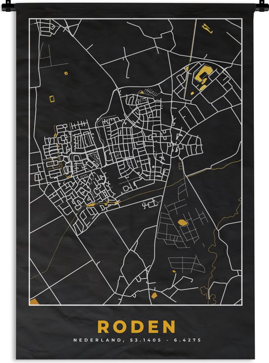 Wandkleed - Wanddoek - Roden - Stadskaart - Black and Gold - Kaart ...