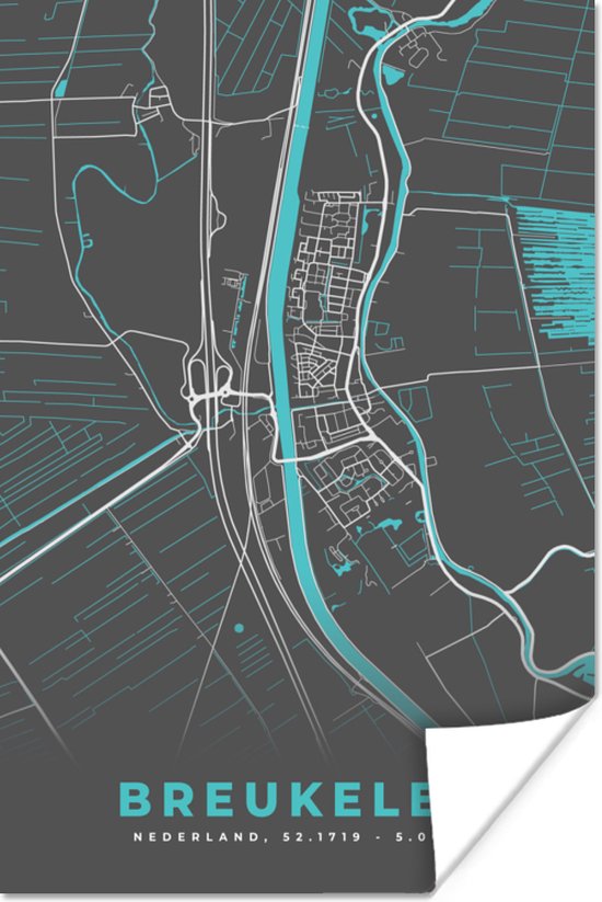 Poster Breukelen - Blauw - Stadskaart - Plattegrond - Kaart - 40x60 cm ...