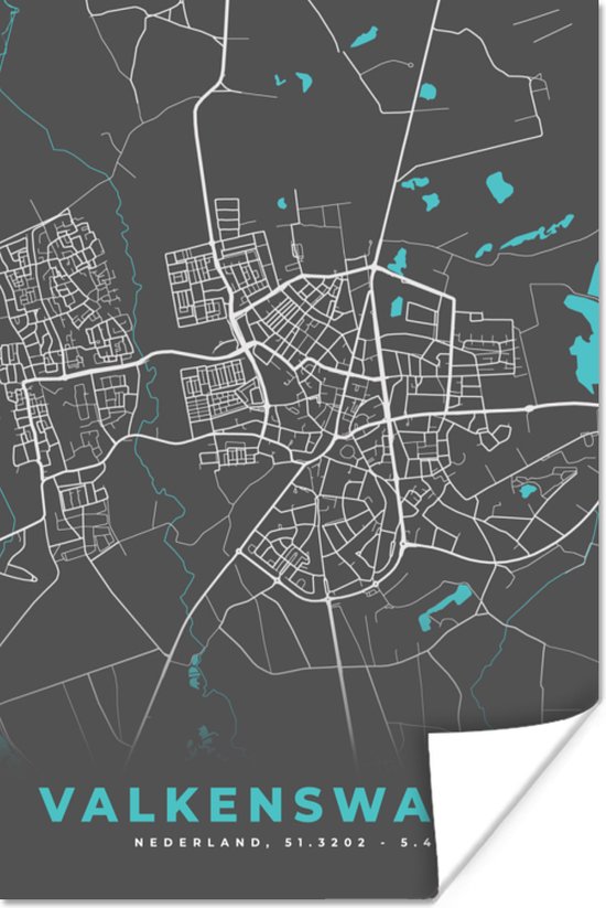 Poster Valkenswaard - Blauw - Plattegrond - Kaart - Stadskaart - 20x30 ...