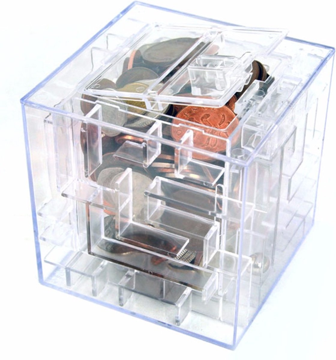 Spaarpot met doolhof-Transparant in de kleuren-Groen-Blauw-Roze-Rood ...