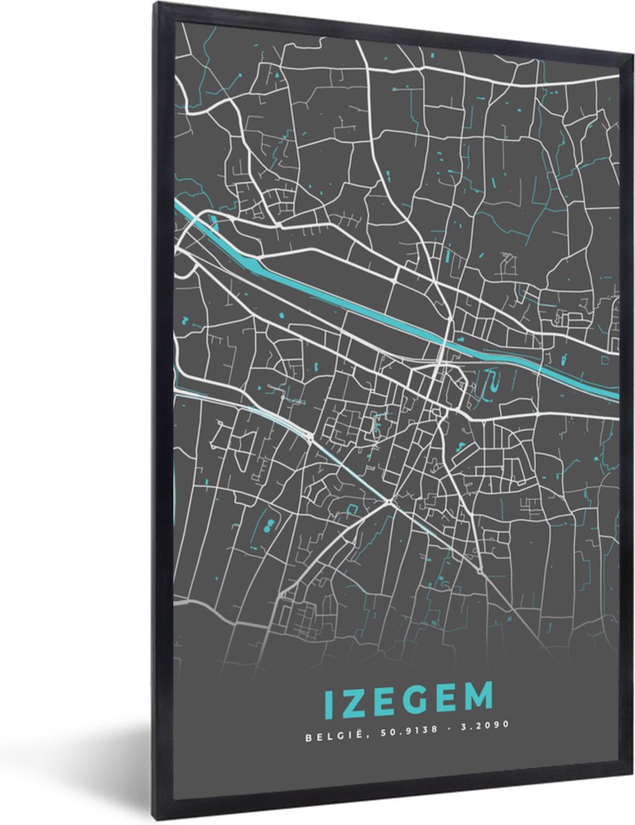 Fotolijst incl. Poster - België – Izegem – Stadskaart – Kaart – Blauw ...