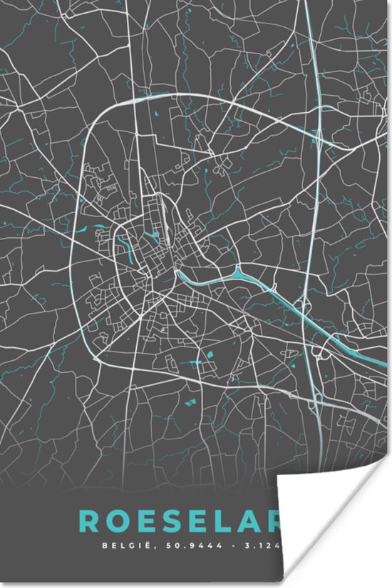 Poster België – Roeselare – Stadskaart – Kaart – Blauw – Plattegrond ...