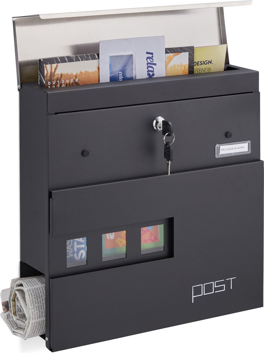 Relaxdays brievenbus met krantenrol - buitenbrievenbus - slot ...