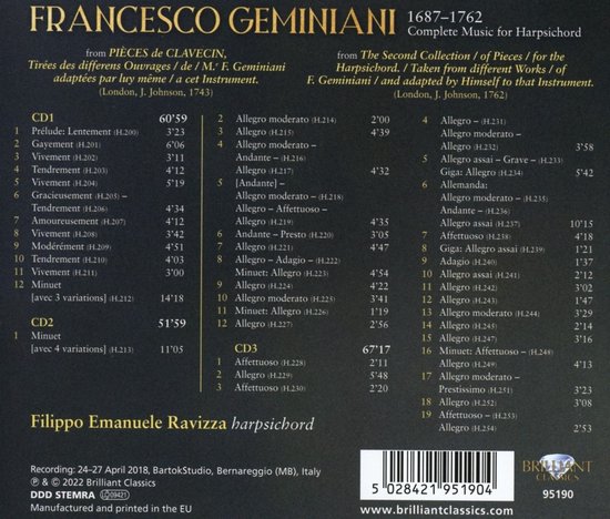 Filippo Emanuele Ravizza - Geminiani: Complete Music For Harpsichord (3 ...