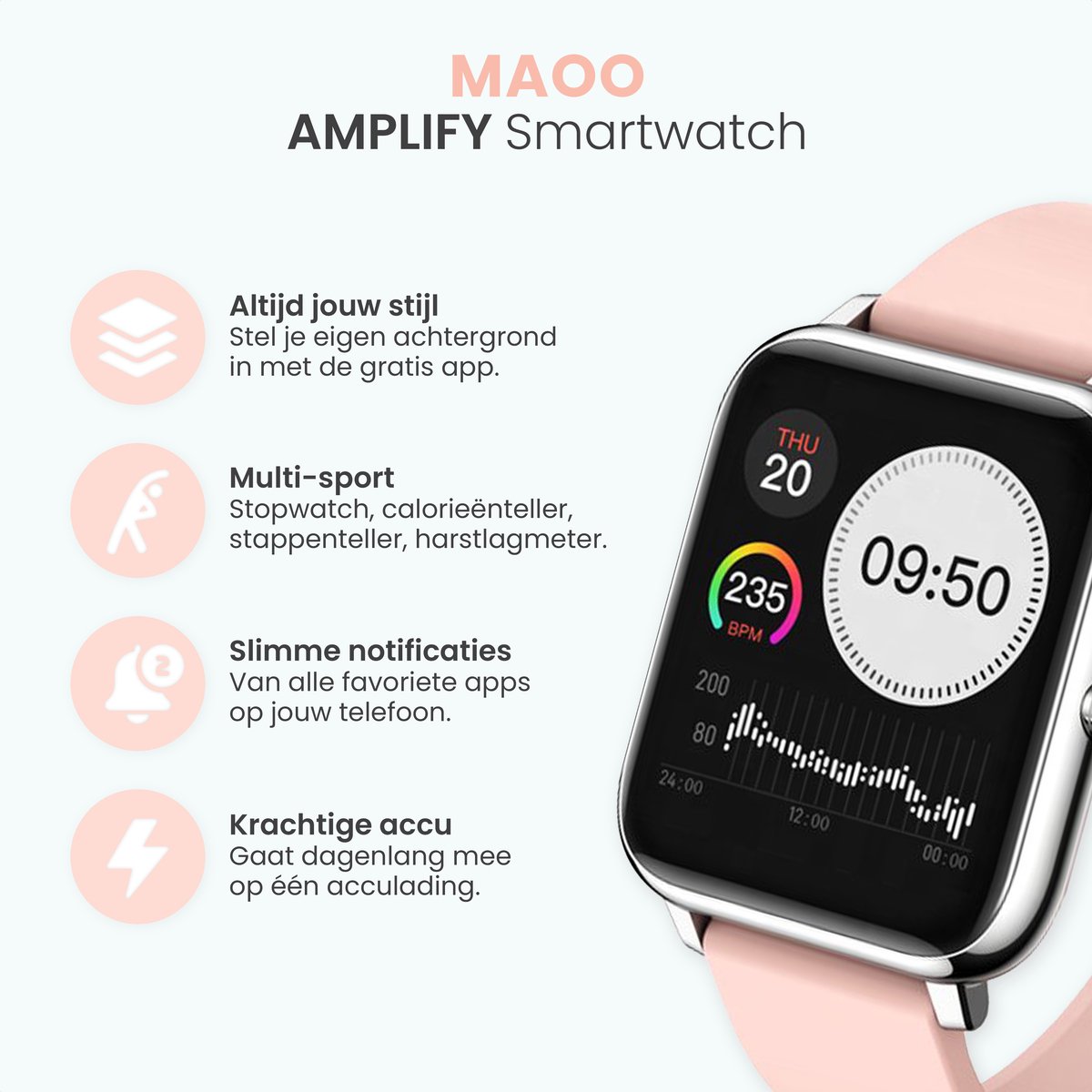 MAOO AMPLIFY Smartwatch - Incl. screenprotector – Hartslag, bloeddruk ...