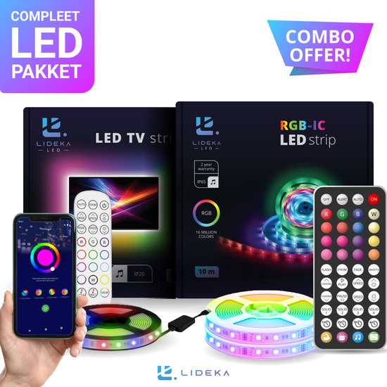 Lideka® - LED strip - RGBIC 10M + TV 2M - Incl. App - Incl. Afstandsbediening - Light... | bol.com
