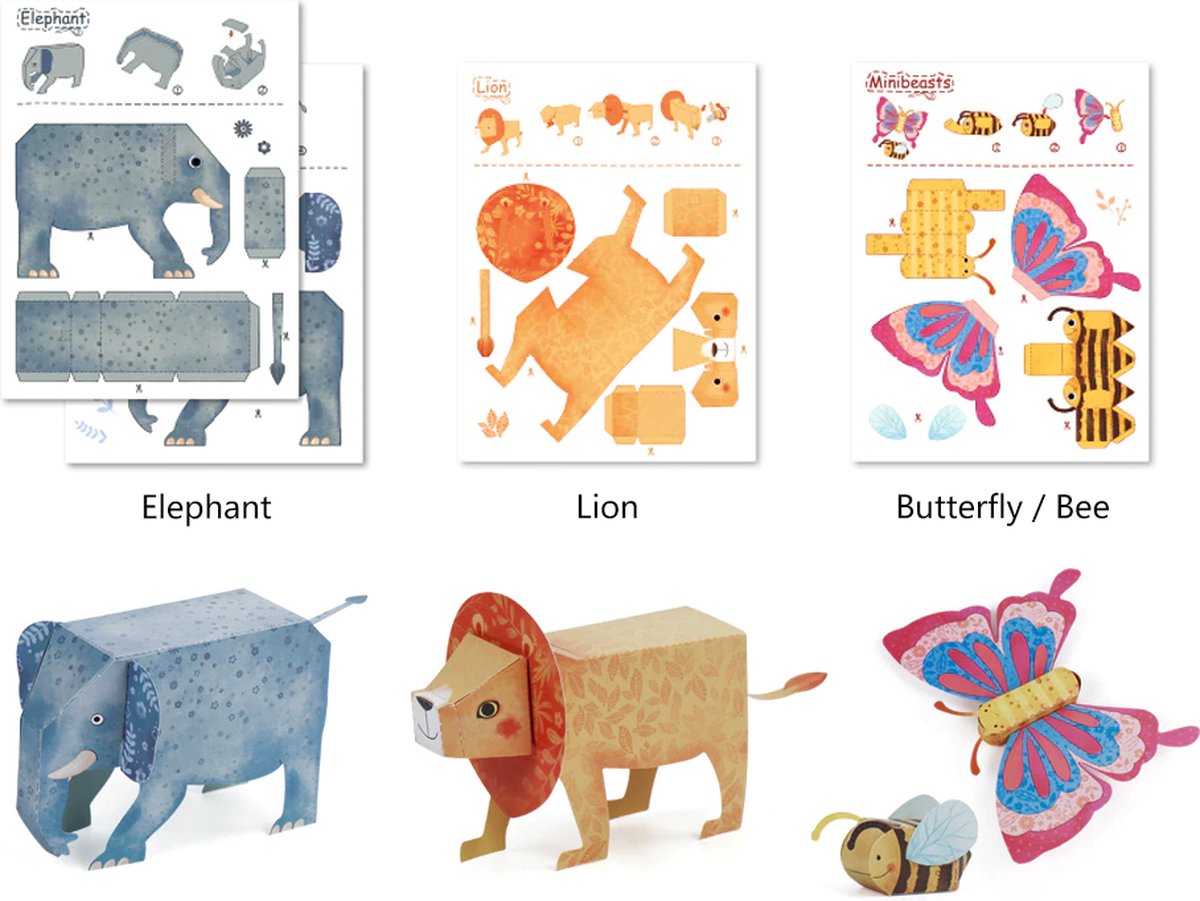 Vouwblaadjes - Origami - 3D dieren vouwen - Olifant, Leeuw, Bij ...