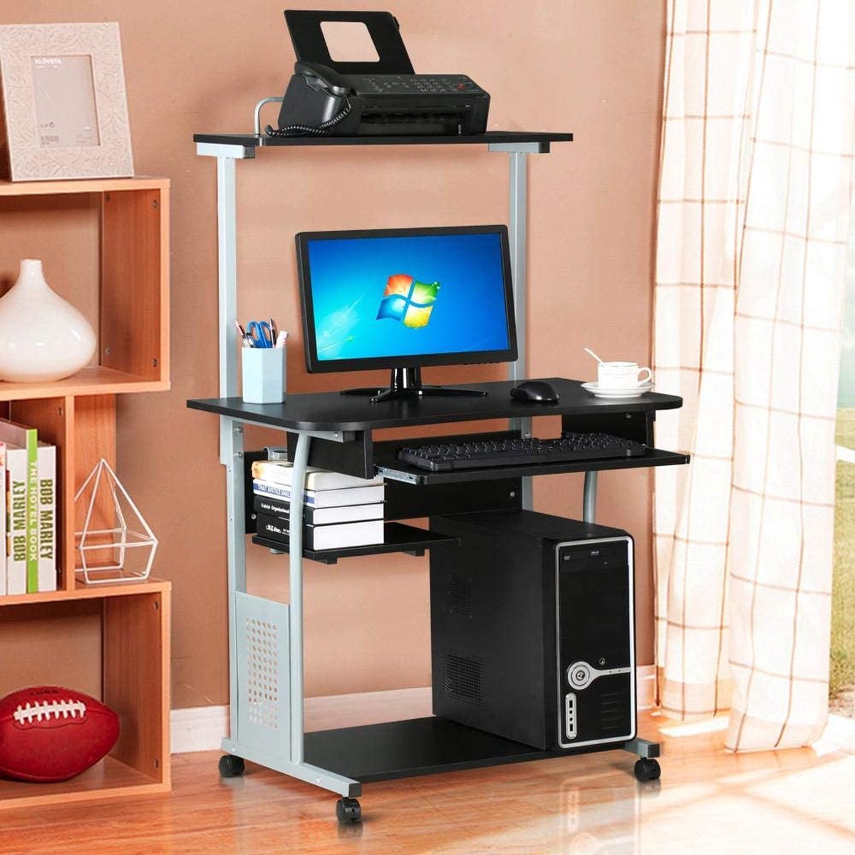 FURNIBELLA - Bureau met printerrek computertafel zwart PC tafel met 4 ...