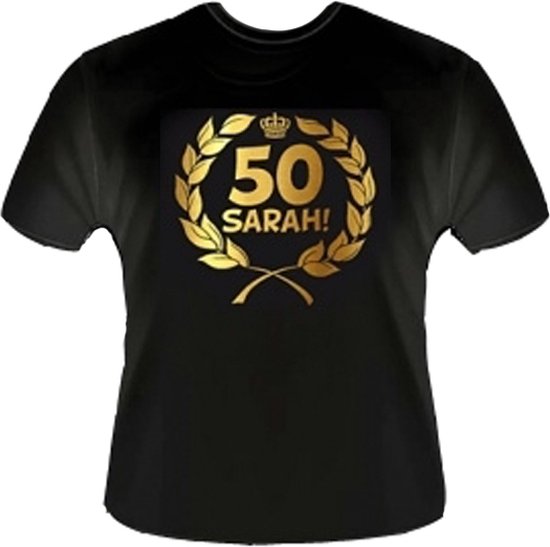 Funny zwart shirt. Gouden Krans T-Shirt - Sarah 50 jaar - Maat XS | bol