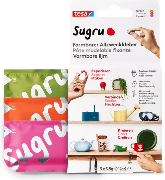 Kneedbare lijm sugru tesa 3pak roze oranje groen | bol