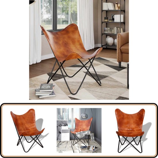 vidaXL Vlinderstoel - Echt Leer - Bruin Vlinderstoel - Lederen Stoel - Vintage Stoel -... | bol