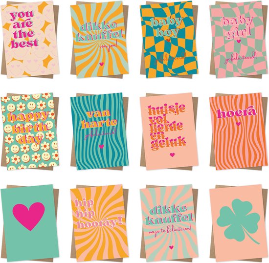 12x hippe gekleurde kaartjes (A6 formaat) in RETROLOOK - kaartjes om te ...