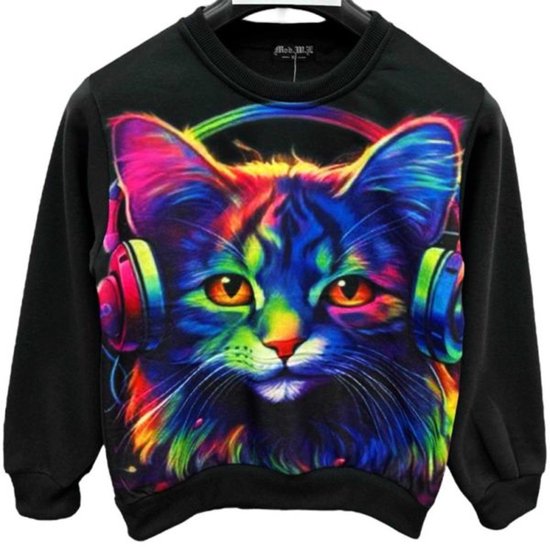 Kinder sweater trui met kat poes poezen print zwart fluor maat 98/104 ...