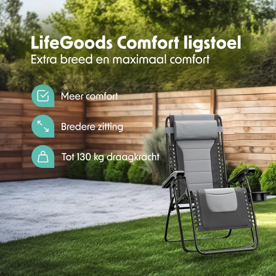 LifeGoods Ligstoel Comfort - Opvouwbaar - 30°-90° Verstelbaar - Beker ...