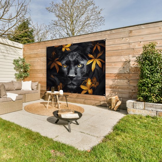 Tuinposter 160x120 cm - Tuindecoratie Zwarte panter - Bloemen - Goud ...