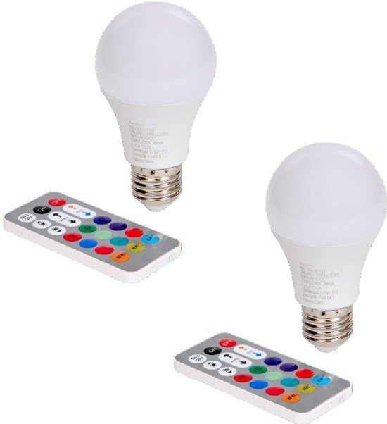 Led lamp (E27) met afstandbediening - Set van 2 - Multicolor - 8.5 watt ...