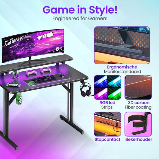Lugia Pro Gaming Bureau - 80x50x88 cm - Led Verlichtingen - Carbon ...