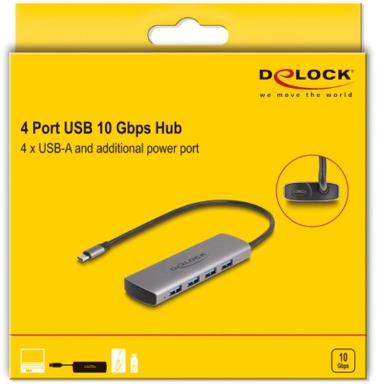 Delock USB 10 Gbps 4 Port USB Type-A Hub with USB Type-C™ connector and ...
