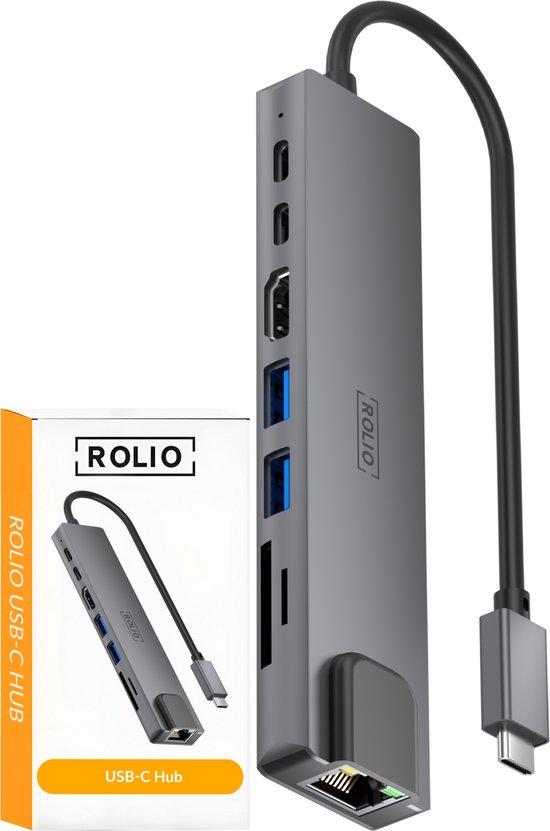 Rolio USB C Hub - 8 in 1 hub - 1x HDMI 4K - 1x Ethernet - 2x USB-C - 2x USB-A - 2x... | bol