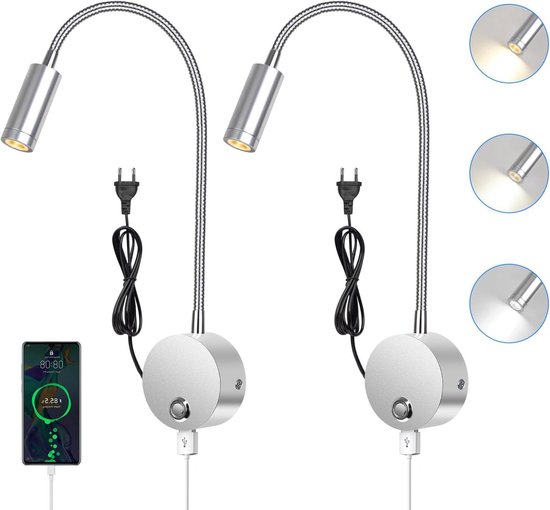 Leeslamp voor aan het bed - 2 stuks - zilver - dimbaar | bol