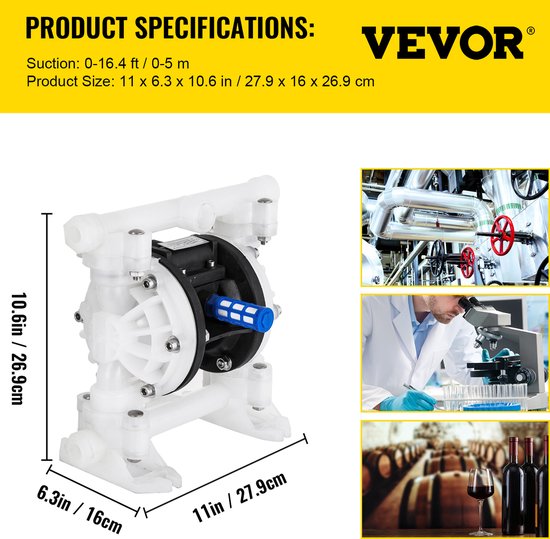 VEVOR Luchtgedreven Dubbelmembraanpomp, 7 GPM, Polypropyleen ...