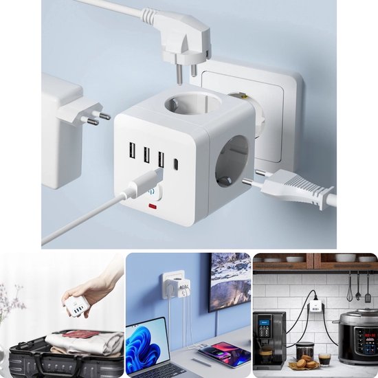 Stopcontact Extender - 7-in-1 EU Stekker - 3 AC Stopcontacten + 3 USB ...