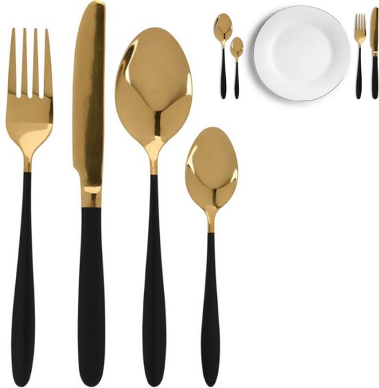 Cheqo® Luxe Bestekset - Zwart Bestek - Goud Bestek - Gouden Bestekset ...