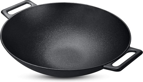 Gietijzeren Ondiepe Concave Wok - Zwart - ø 30,5 cm - Brede Handvatten ...