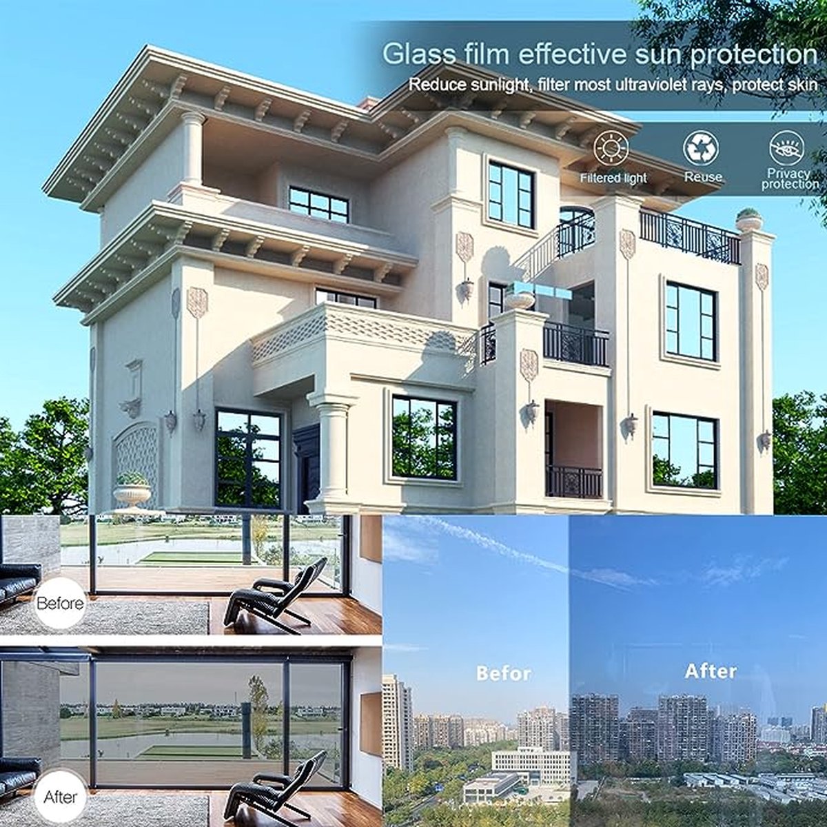 Spiegelfolie voor op het Raam Zilver, Reflecterende Raamfolie One Way ...