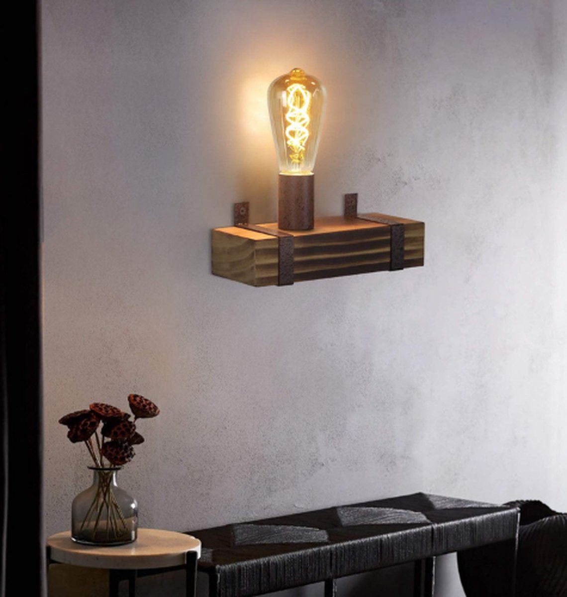 Vintage Wandlamp - Houten Retro Wandlamp - E27 - Muurlamp - Wandlamp ...