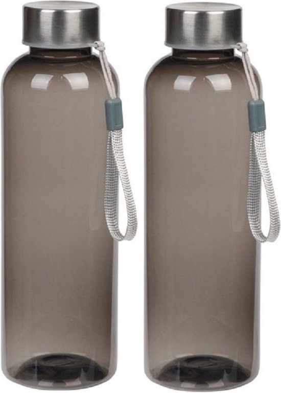 2x Grijze drinkflessen/waterflessen met RVS schroefdop en nylon polslus ...