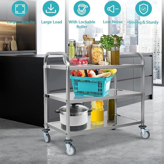 Serving Trolley 3 Shelves Kitchen Trolley Stainless Steel Trolley with ...