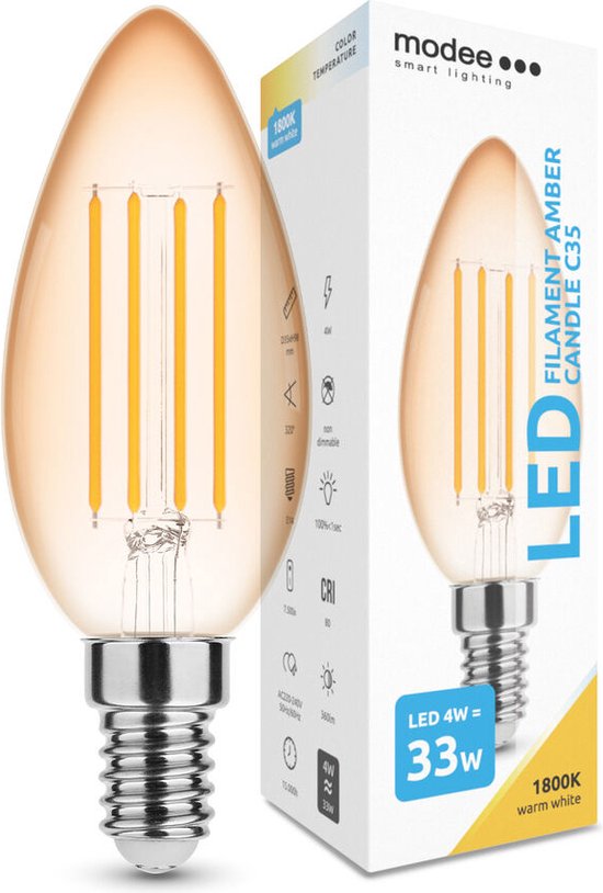 Modee Lighting - LED Filament lamp E14 - C35 - 4W vervangt 33W - 1800K zeer warm wit licht | bol