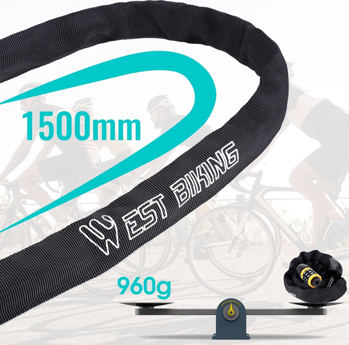 Fietsslot, cijferlot, 150 cm, hoge hoogte met 5-cijferige cijfercode ...