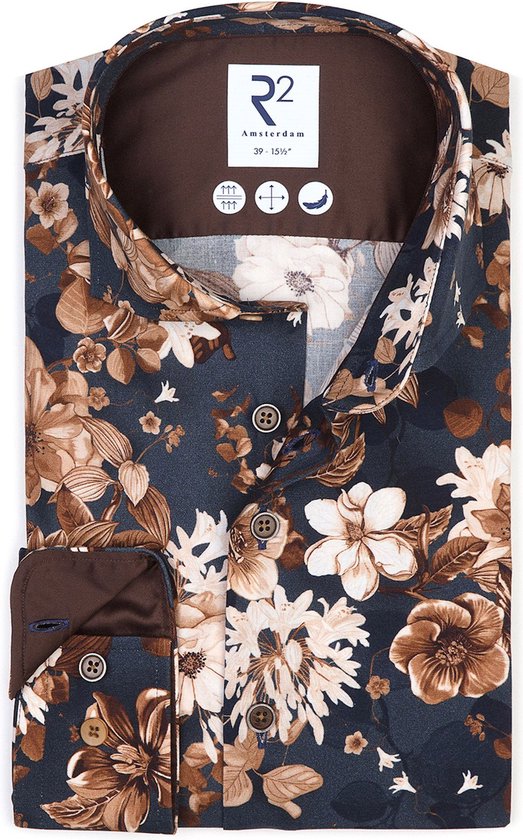 R2 Amsterdam - Overhemd Print Bloemen Navy - Heren - Maat 41 - Modern ...