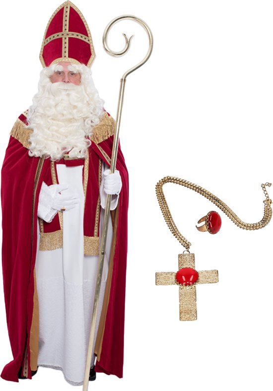 Sinterklaas kostuum - inclusief ring en kruis ketting met rode steen | bol
