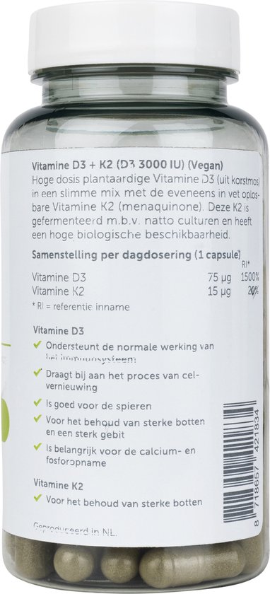 Vitamine D3 3000IU + K2 | vegan | 90 capsules | Puur & Fit | bol